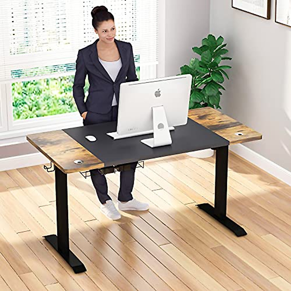 MPETAPT Electric Standing Desk 63 x 24 inch Adjustable Height Electric Computer Stand Up Desk, Full Sit Stand for Home and Office Table (63’‘, Rustic Brown+Black)
