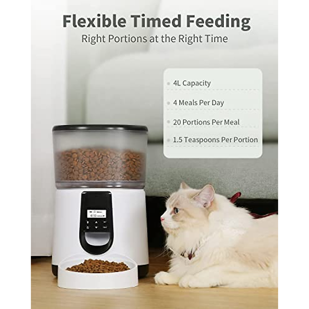 Automatic Cat Feeders, 4L Pet Food Dispenser with Programmable Timer, Dry Food Meal Portion Size Control, Pet Food Feeder for Small & Medium Cats Dogs, Desiccant Bag, Voice Recorder