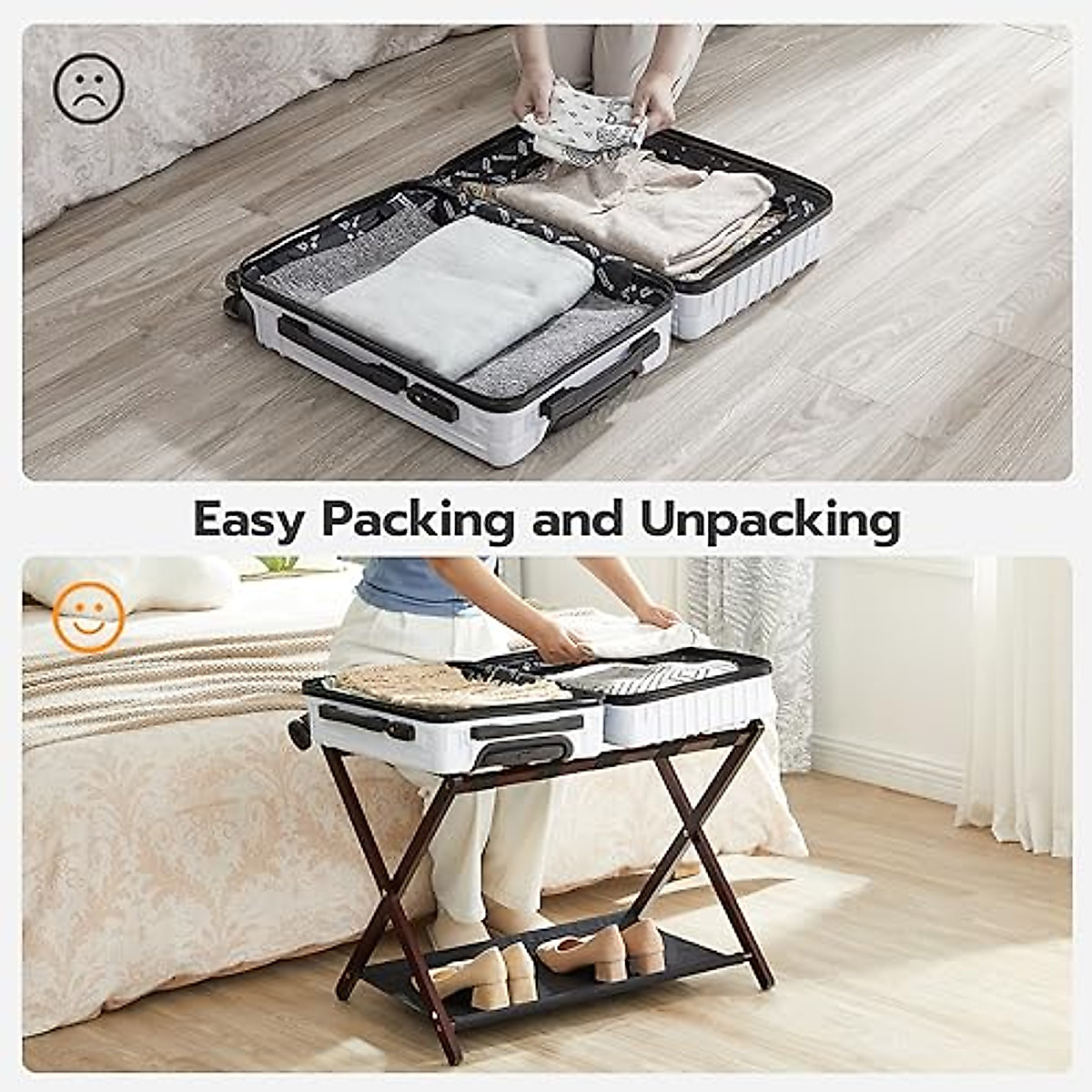 HOOBRO Luggage Rack, Folding Bamboo Suitcase Stand with Storage Shelf and Nylon Straps, 26.8" L x 17.7" W x 20" H, for Guest Room, Hotel, Bedroom, Holds up to 110 lb, Brown and Black BR07XL01