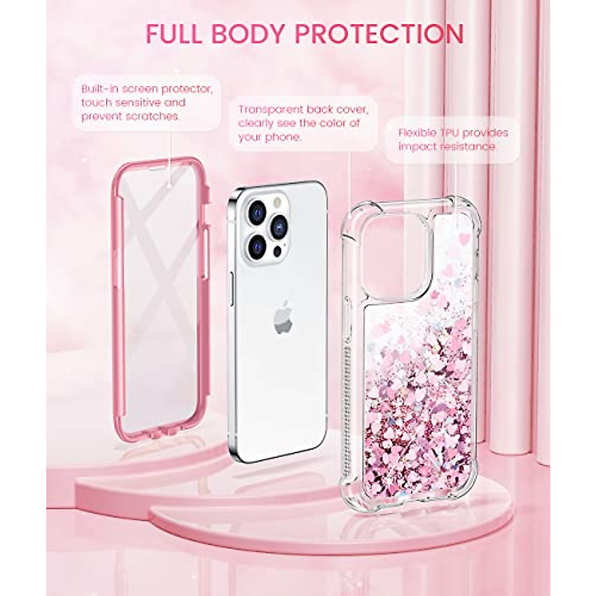 Caka for iPhone 13 Pro Max Case Glitter Women Girls with Built-in Screen Protector Bling Sparkle Liquid Quicksand Full Body Protective Case for iPhone 13 Pro Max 6.7 (Rose Gold)