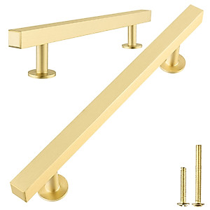 QOGRISUN 2-Pack Solid Brass Cabinet Handles, Gold Square T Bar Cabinet Pulls, 5 Inch Hole Center for Kitchen Dresser Drawer Cupboard, Brushed Brass Finish