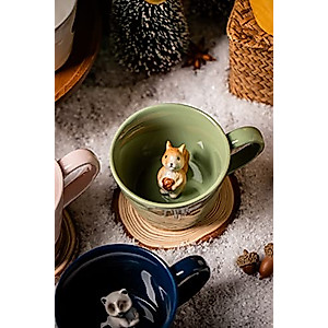 DIHOclub Squirrel Ceramic Cup Hidden 3D Animal Inside Mug,Cute Cartoon Handmade Figurine Mugs,Holiday and Birthday Gift for Coffee Milk Tea Lovers,12 OZ(Light Green)