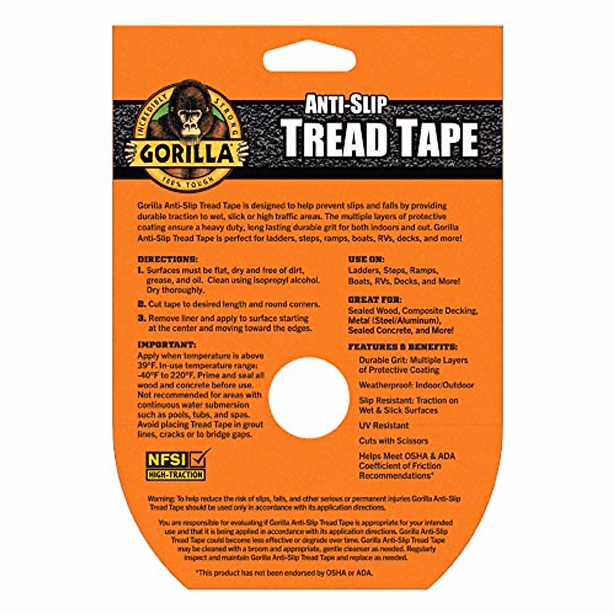 Gorilla Anti-Slip Tread Tape, 2" x 10' Roll, Black, (Pack of 1)