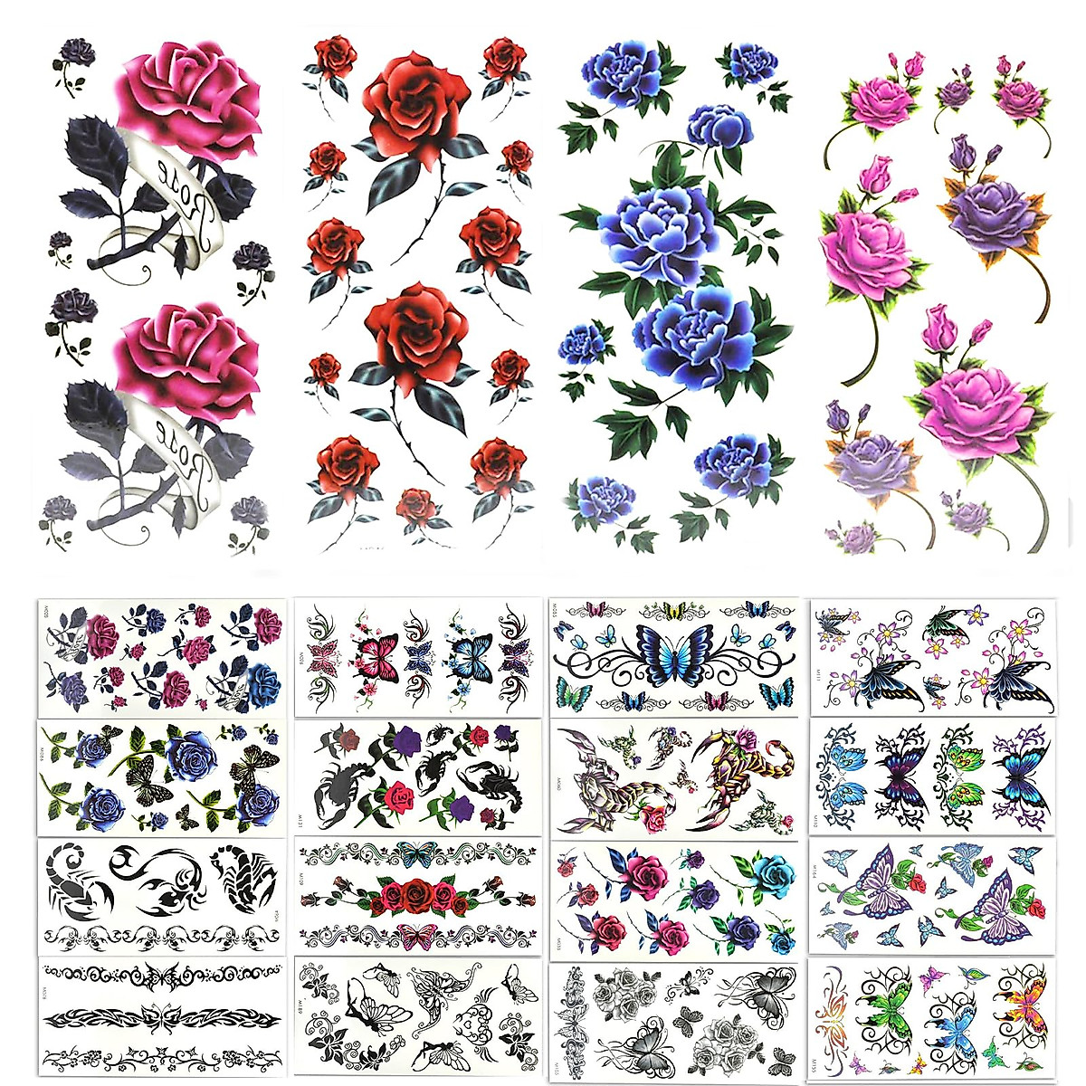 Lady Up Temporary Tattoos Stickers 20 Sheets Body Art Flowers, Roses, Butterflies Tattoo for Women, Mixed Style and Multi-Colored Waterproof 90×190mm