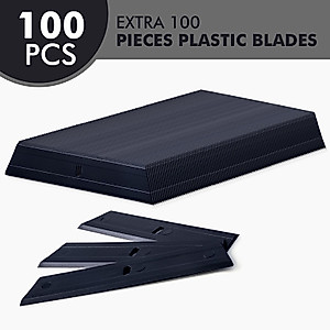 FOSHIO 2-Pack Plastic Razor Blade Scraper with 100pcs Single Edge Plastic Razor Blades, Extra Big Plastic Scraper Tool for Removing Paint Spots, Adhesive, Gasket, Decal, Labels and Stickers (Black)