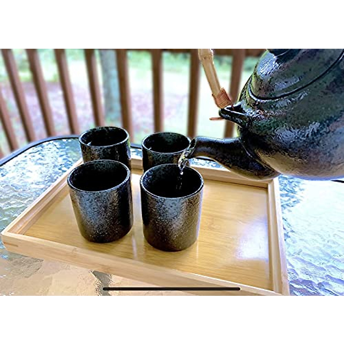 Japanese Asian Tea Set Ceramic Teapot with Strainer, Rattan Handle, 4 Tea Cups, Tea Scoop, Wooden Serving Tray and Instructions - Modern Teapot Set for Home and Office - Gift