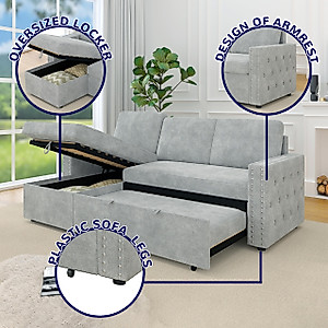 lunhung 85" L-Shaped Sofa Bed, Reversible Modular Sofa Bed with Pull-Out Bed, Storage Sofa Lounge Chair, Chenille, tylish Square Armrests with Nailhead Design for Living Room (Chenille-Light Gray)