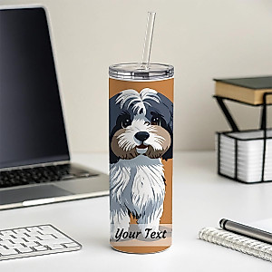Personalized Custom Name Text Havanese Dog Standing Skinny Tumbler 20oz with Straw Insulated Water Bottle Gift - 1 Line Horizontal