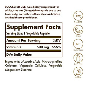 Solgar Vitamin C 500 mg, 250 Vegetable Capsules - Antioxidant & Immune Support - Overall Health - Supports Healthy Skin & Joints - Non-GMO, Vegan, Gluten Free, Kosher - 250 Servings