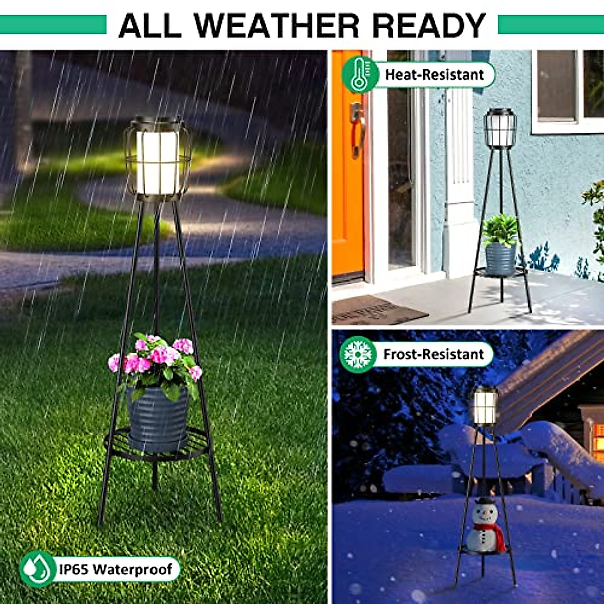 VISFLAIR Metal Solar Floor Lamps Outdoor with Plant Stand, 2 Pack Waterproof Solar Lantern Lights for Patio Deck Yard Garden Porch (Black)