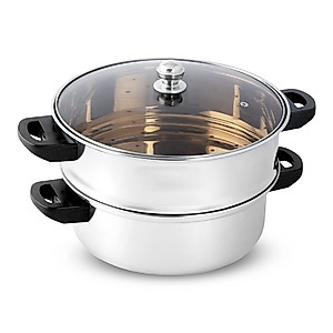 KSJONE Heavy Duty Stainless Steel 3 Piece Steamer Pot Set Includes 4 Quart Cooking Pot, 4 Quart Steamer Insert and Vented Glass Lid, Stack and Steam Pot Set for All Cooking Surfaces