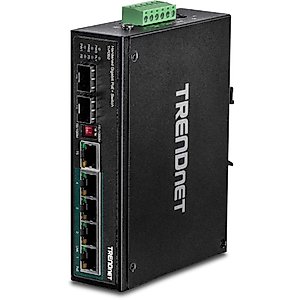 TRENDnet 6-Port Hardened Industrial Gigabit PoE+ DIN-Rail Switch,TI-PG62,4 x Gigabit PoE+ Ports, 1 x Shared Gigabit Port (RJ-45/SFP), 1 x Dedicated SFP, 120 W Power Budget, IP30,(Renewed)