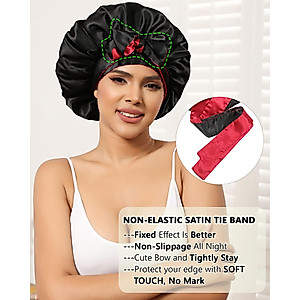 Satin Bonnet Silk Hair Bonnets for Women Curly Hair Wrap for Sleeping Cap Reversible Bonnet with Tie Band Night Cap Double Layer Sleep Cap for Curly Hair (Double-Layer Satin Bonnet (Black + Red)