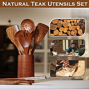 Wooden Spoons for Cooking with Utensils Holder, 10-Pieces Wooden Utensil Set Non-Stick, Natural Teak Cookware Wooden Cooking Spurtle Set, with Stainless Steel Handle