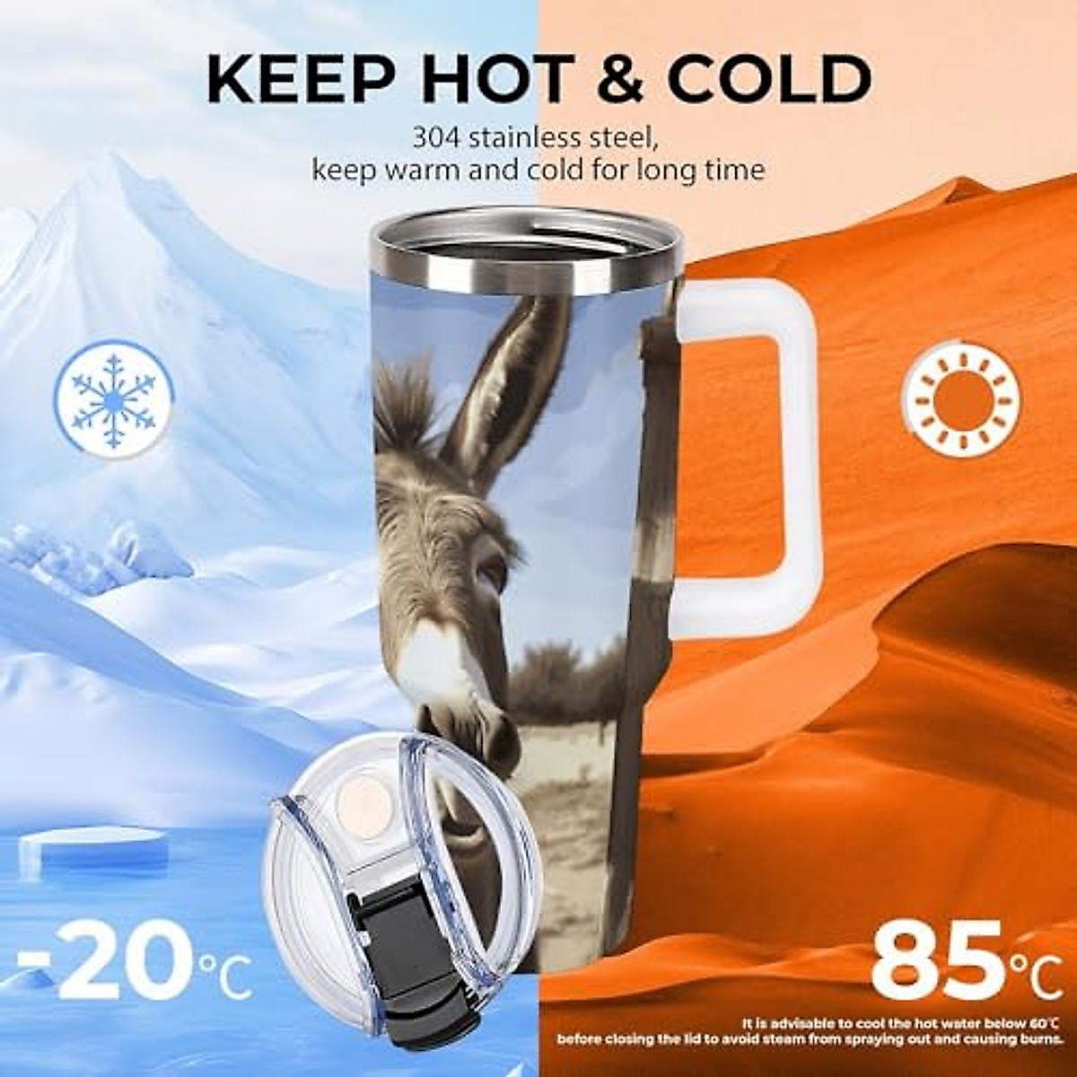 LLUTSNTH 40 Oz Vacuum Tumbler with White Handle Leakproof Insulated Tumbler Funny Donkey Stainless Steel Travel Mug with Lid And Straw Coffee Cup Cute Water Bottles Cup Holder Friendly
