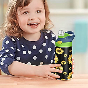 Black Sunflower Kids Water Bottle, BPA-Free Vacuum Insulated Stainless Steel Water Bottle with Straw Lid Double Walled Leakproof Flask for Girls Boys Toddlers, 12Oz