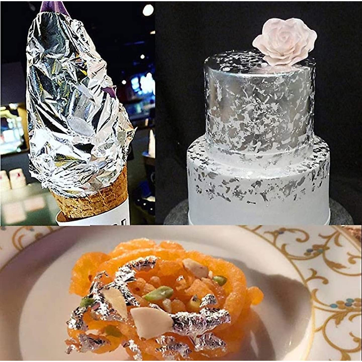 GLC Gold Leaf Silver Leaf, 99.9% Pure Silver Leaf Varakh Foils 50pcs 5'' x 3'' for Sweets Deco,Cake Baking,Chocolate,Supari,Serums,Ayurvedic Medicine,Decoration,Beauty Face Kits,Painting Art Crafts_