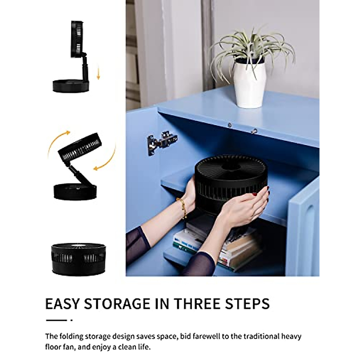 Oscillating Fan Foldaway with Remote Control, 7200mAh Rechargeable Battery Powered Pedestal Fan for Camping, 4 Speed, Timer, Height Adjustment Portable Table Fan for Travel , Outdoor, Home (Black)