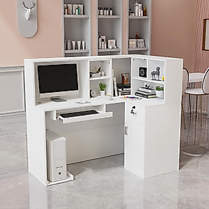 OmySalon Modern Reception Desk, L-Shaped Front Desk with Moveable Shelves and Lockable Drawers, Retail Checkout Counter Table, for Lobby Beauty Salon Office, White (55.9" W x 18.9" D x 48" H)