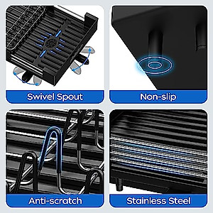 ROTTOGOON Expandable Dish Drying Rack, Stainless Steel Rustproof Dish Rack for Kitchen Counter, (12.8"-19.1") Dish Drainer with Drainage, Utensil Holder, Cup Holder for Various Kitchenware, Black