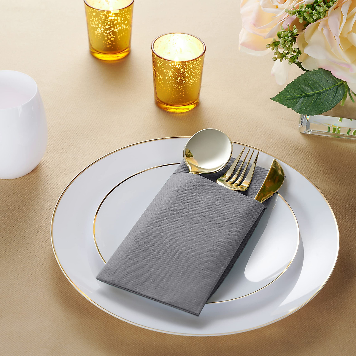 50-Pack Disposable Linen-Feel Dinner Napkins with Built-in Flatware Pocket, GRAY Prefolded Cloth Like Paper Napkins For Dinner, Wedding Or Party [Silverware NOT Included]