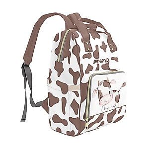 Urcustom Personalized Name Diaper Bag Backpack Cow Print Brown Multifunction Travel Backpack Nappy Bag Daypack for Mom Dad Boy Girl