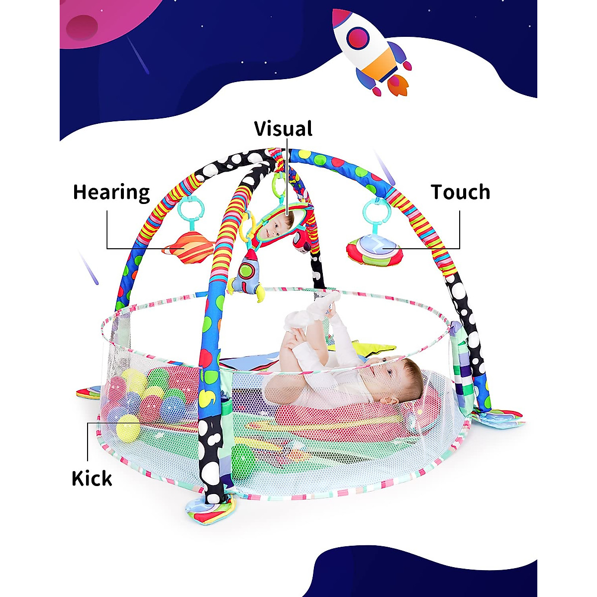 Siairo Jumbo Baby Activity Gym Folding Baby Play Gym Play Mat with Ball Pit & Hanging Mobiles, Surrounding Mesh for Newborn, Infant, Babies, Toddlers