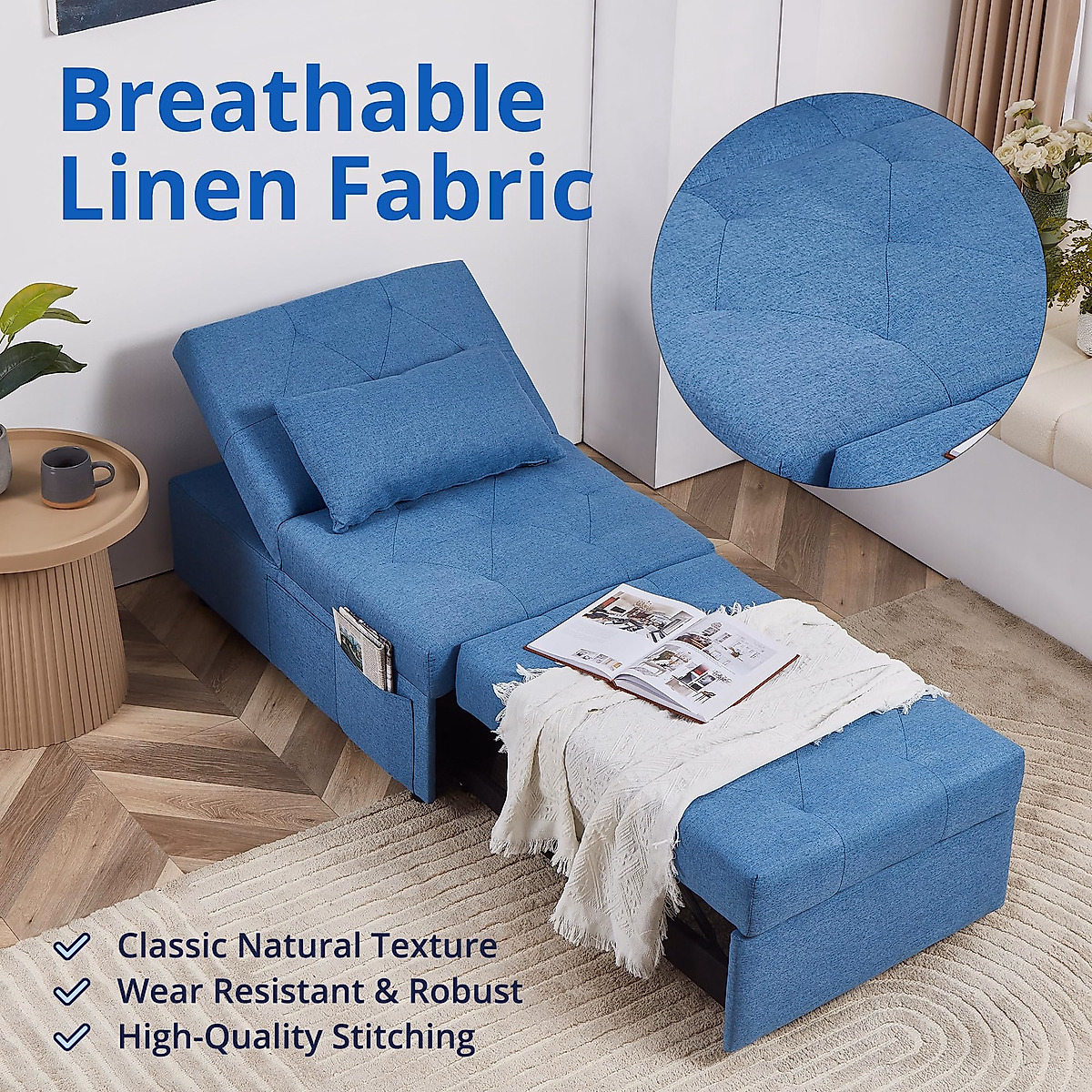 Cozy Castle Sleeper Chair, Convertible Chair Bed, 4 in 1 Ottoman Bed, Pull Out Sofa Bed, Linen Fabric Chaise Lounge, for Living Room/Small Apartment, Dark Grey