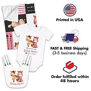 Ruby Star Personalized Baby Blanket for Girl, Cozy Plush Fleece Blanket, Custom Baby Name, Includes Baby Onesie and BIB, Bankets for Kid (Horse Woodland) Full