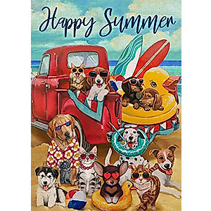 Covido Happy Summer Red Truck Coastal Decorative Garden Flag, Dogs Beach Yard Nautical Outside Decoration, Ocean Outdoor Small Burlap Home Decor Double Sided 12 x 18