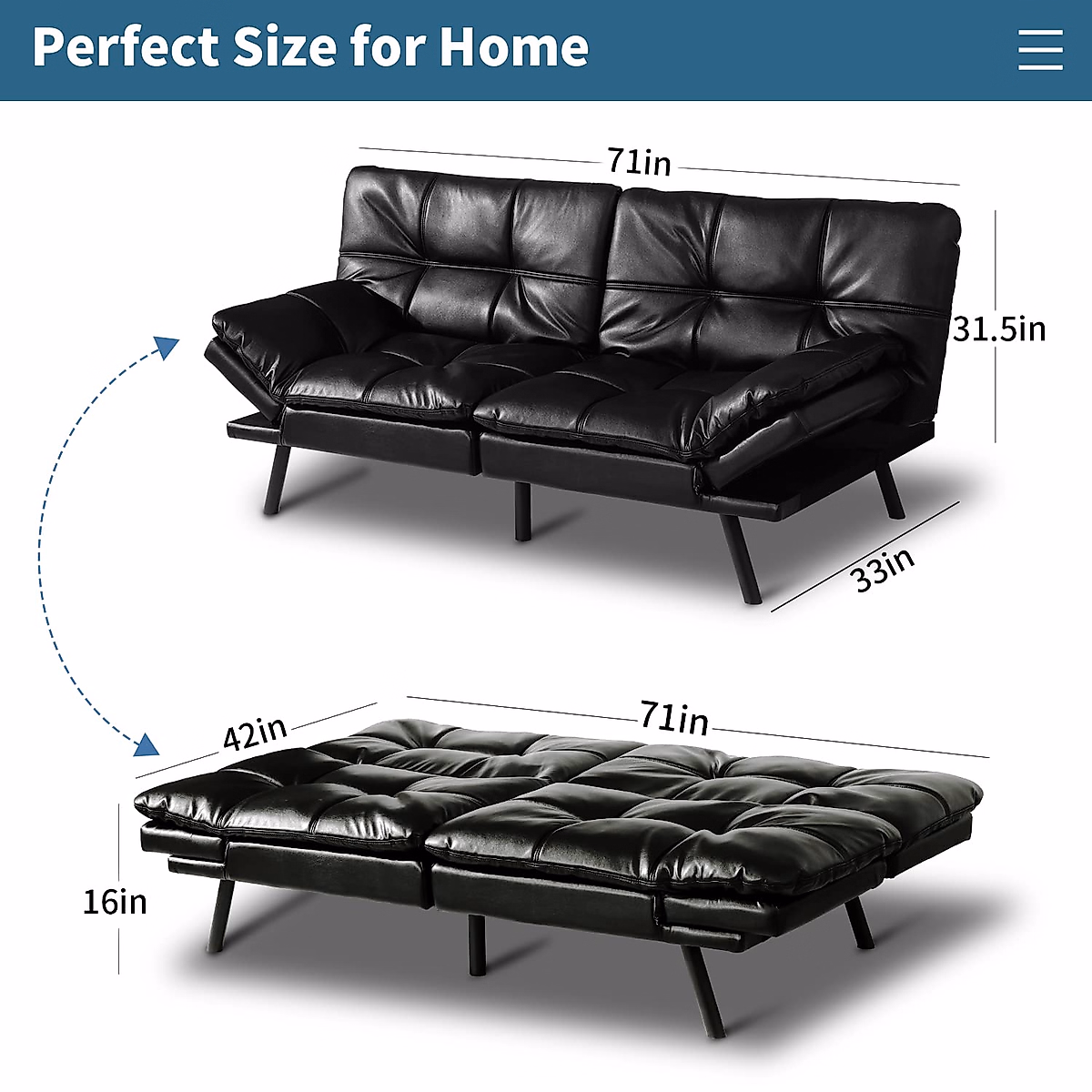 Opoiar Futon,Convertible Sofa Bed,Modern Futon Sofa Bed,Folding Loveseat Sofa,Sleeper Sofa,Futon Couch Bed,Adjustable Armrest&Backrest,Futon Sets for Compact Living Spaces,Apartment,Dorm,Office,Black