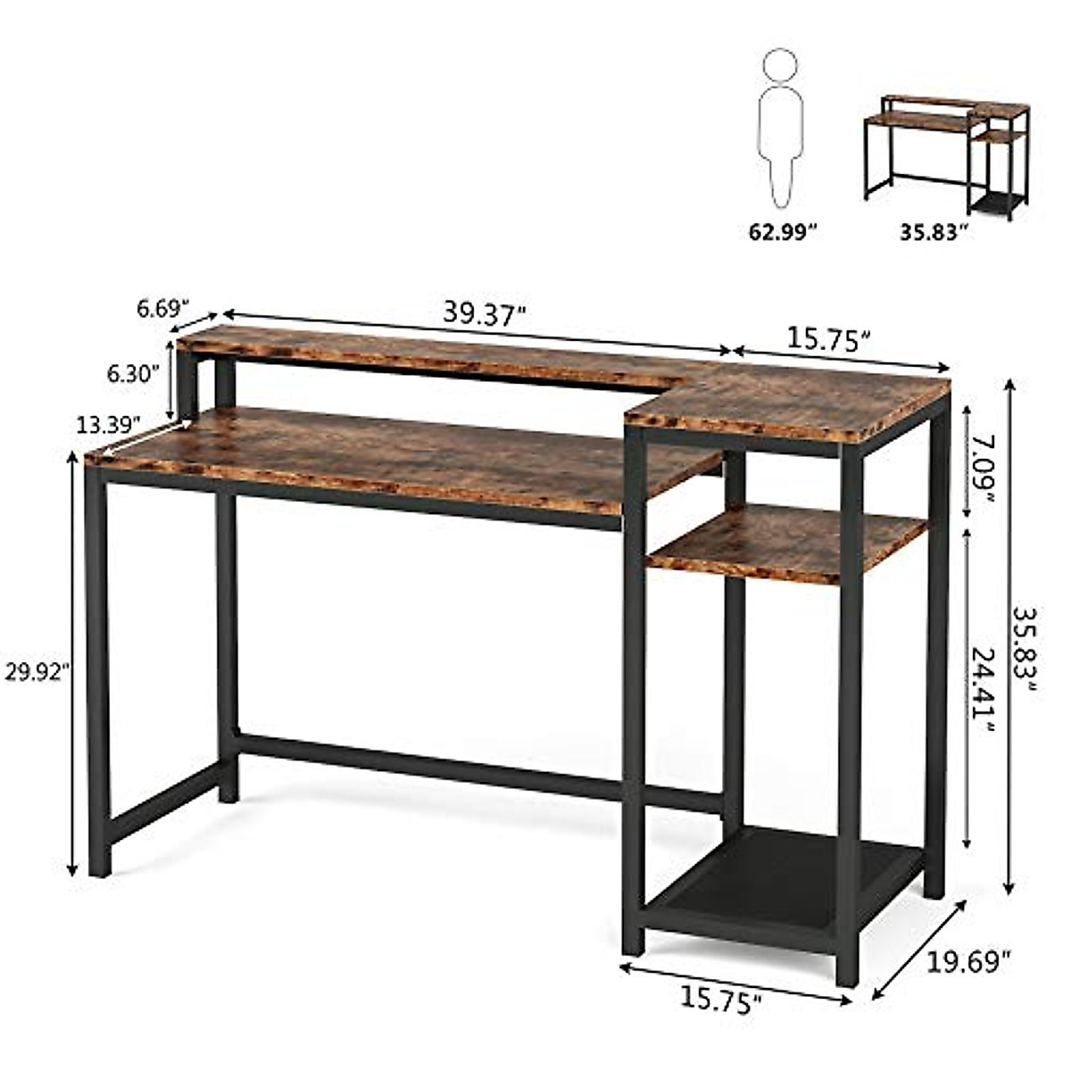 Tribesigns Computer Desk with Storage Shelves & Monitor Stand, PC Study Writing Desk, Industrial, Wood and Steel Frame, Workstations for Home Office