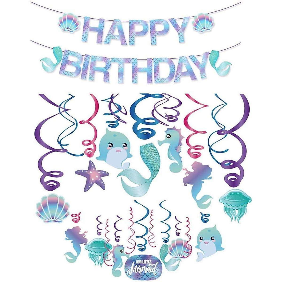 Happy Birthday Banner Mermaid Pre-assembled, Mermaid Birthday Decoration for Girls, Mermaid Party Supplies for Mermaid/Under The Sea Animal Themed Birthday Party, Baby Shower