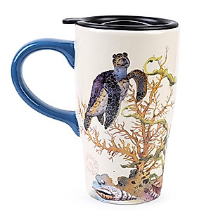 Minigift Ceramic Coffee Mug，Travel Cup with Lid,Handmade Milk Mug 16oz-Ocean Turtle