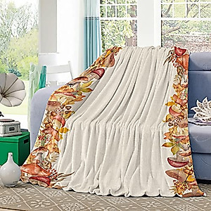 Throw Blanket- Watercolor Mushroom Berry Soft Warm Plush Fleece Bed Throw,60x80In Flannel Blankets Autumn Botanical on Linen Bedding Throws for Women/Men Bedroom Living Room Office Decor Wild Plant