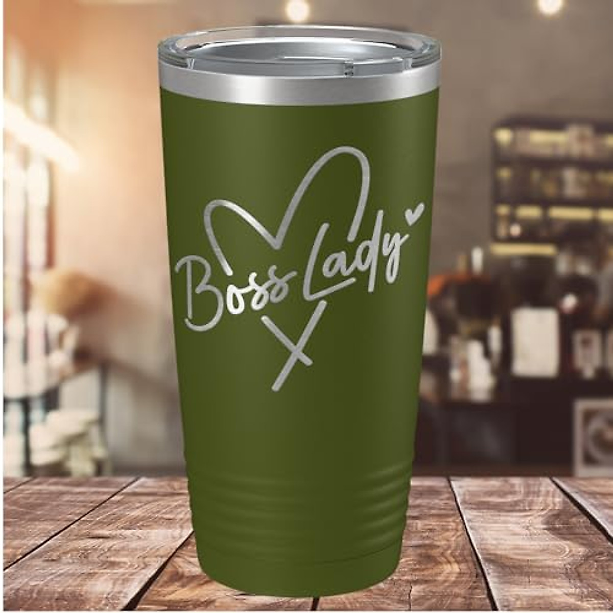 Boss Lady Big Heart Tumbler Birthday Gifts for Women, Coworker, Boss on Army Green 20 oz Stainless Steel Insulated Cup with Lid - Travel Mug for Mom