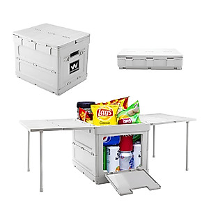 W WANTSANDNEEDS Folding Storage Bin – Collapsible Foldable Storage Bin with Folding Table – Storage Bin for Outdoor Activities, Football Tailgating, Hunting, Camping