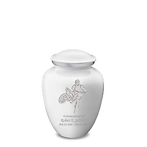 GetUrns Embrace Personalized Dirt Bike Medium Cremation Urn with Custom Text Engraving for Human Ashes for Funeral, Burial, Niche or Columbarium Cremation–44 Cubic Inches –Small Urns for Ashes (White)