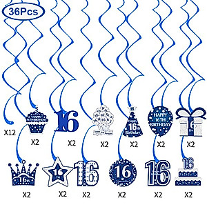 36pcs 16th Birthday Decorations Hanging Swirls Party Supplies for Boys, Silver Blue 16 Year Old Birthday Hanging Decor, Happy Sixteen Birthday Foil Ceiling Swirl Sign Décor