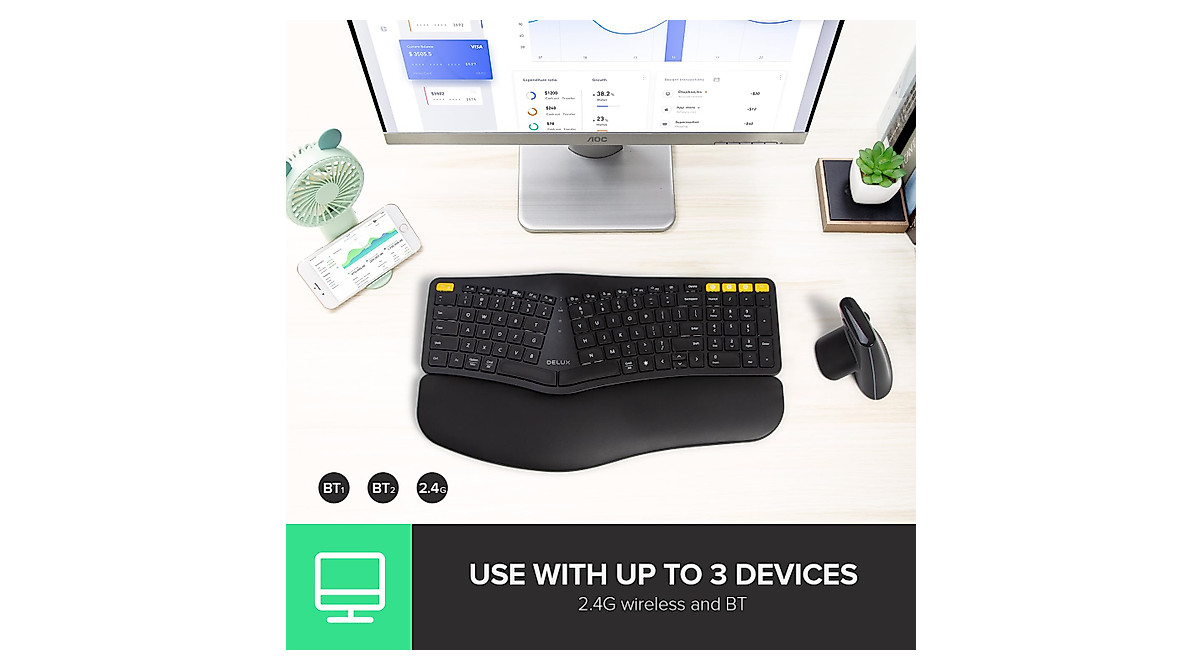 DeLUX Upgraded Ergonomic Wireless Ergo Split Keyboard with Backlit, 2 ...