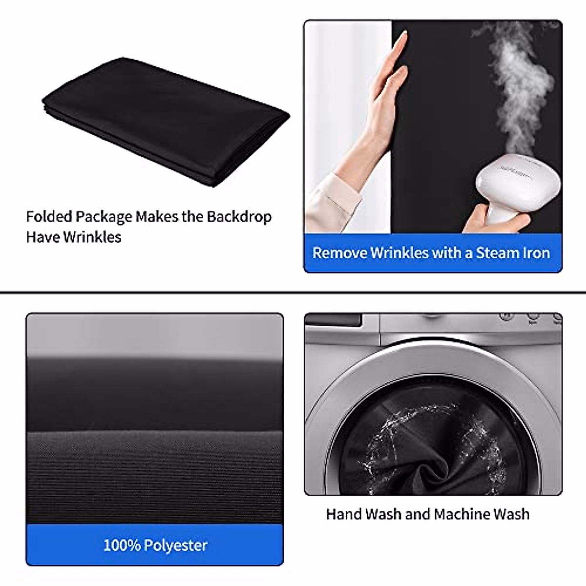 Hemmotop Black Backdrop Background 6 x 9ft Polyester Fabric Chromakey Black Screen Backdrops Collapsible for Photography,Birthday Party,Wedding Stage,Photoshoot with 3 x Backdrop Clip Clamp