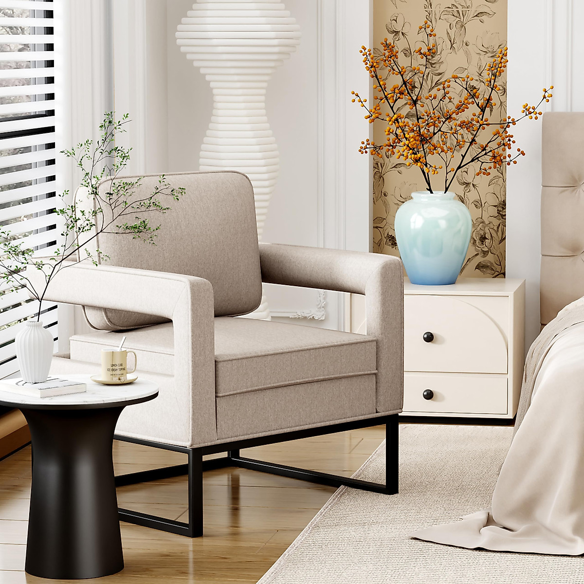 Alunaune Modern Accent Chair Living Room Chairs, Mid Century Armchair Upholstered Backrest Lounge Chair Removable Seat Cushion Sofa Reception Chair for Bedroom-Beige