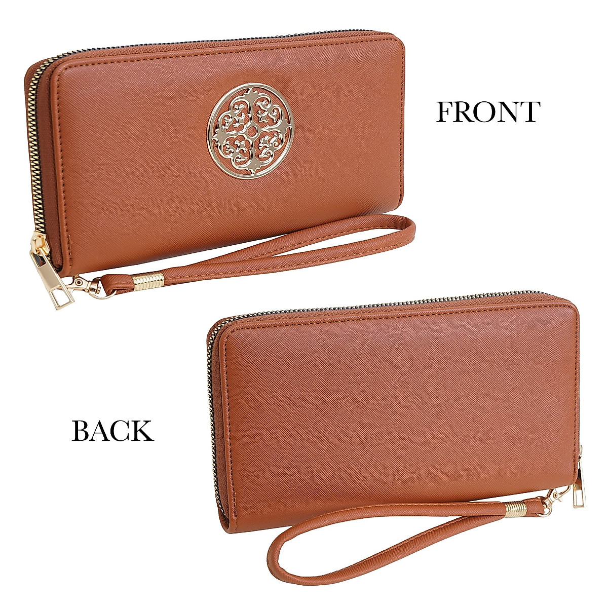 Rebecca & Rifka Women's Large Saffiano Vegan Leather Medallion Zip Around Multi Holder Organizer Wristlet Large Capacity Travel Clutch Wallet (Cognac)