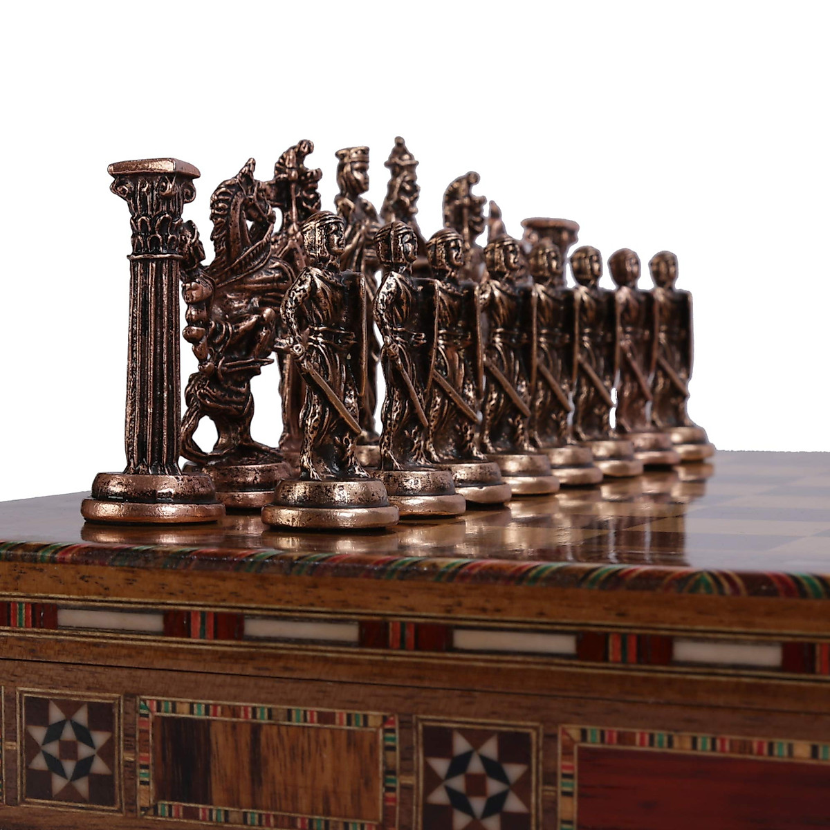 GiftHome Medieval British Army Antique Copper Metal Chess Set for Adults,Handmade Pieces and Natural Solid Wooden Chess Board with Storage Inside King 3.35inc