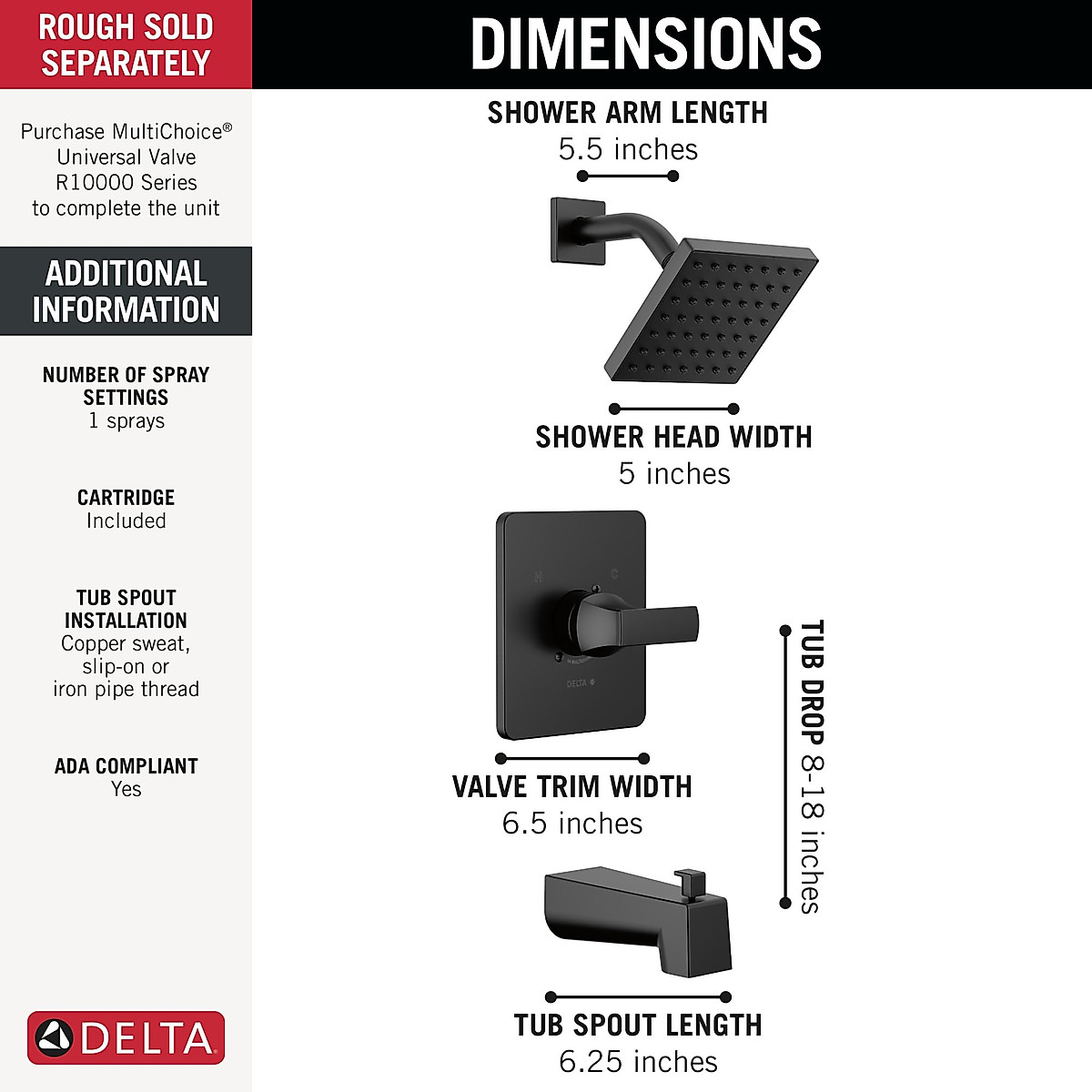 Delta Faucet Velum 14 Series Single-Function Black Tub and Shower Faucet Set, Valve Trim Kit, Shower Handle, Delta Shower Trim Kit, Shower Set, Matte Black T14437-BL (Valve Not Included)
