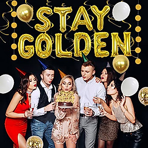 Stay Golden Birthday Party Decoration Happy Birthday Banner Decoration Happy Golden Birthday Cake Topper Stay Golden Balloons Sash for Boy Girl Adults Gold Hanging Swirl Circle Dots Garland Decor