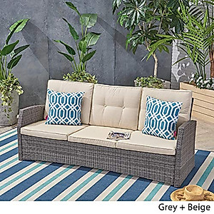 Christopher Knight Home Joanne Outdoor 3 Seater Wicker Sofa, Grey with Beige Cushions