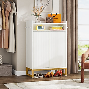 Tribesigns Shoe Cabinet 5-Tier Shoe Storage Cabinet with Open Shelves & Hooks, Freestanding Wooden Shoe Rack Storage Modern Shoe Organizer for Entryway, Hallway (White & Gold)