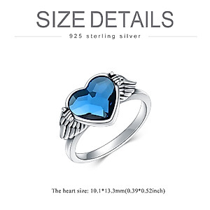 Urn Ring for Ashes Sterling Silver Hold You in My Heart Angel Wings with Heart Cremation Memorial Keepsake Jewelry with Blue Heart Crystal, US Size 7