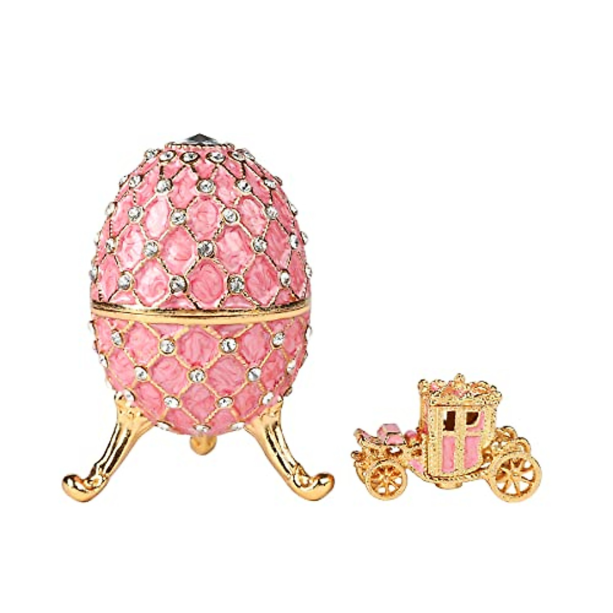 QIFU Vintage Pink Faberge Egg Style Enameled Trinket Box Hinged with Mini Royal Carriage